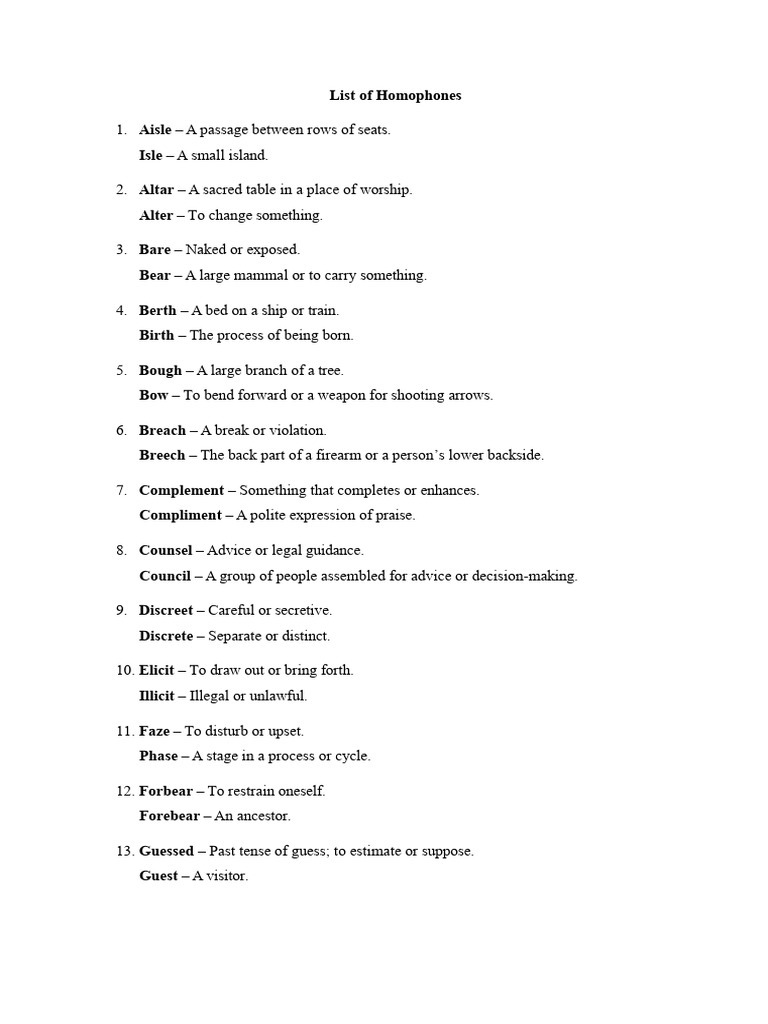 Comprehensive Homophones List | PDF