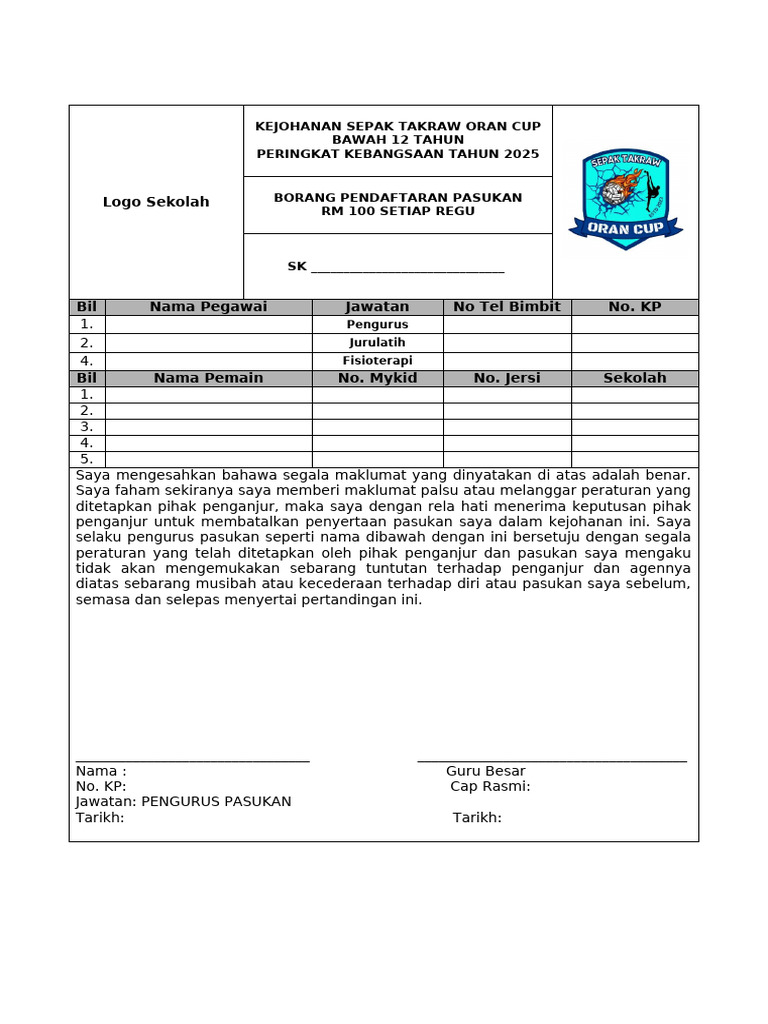 Borang Pendaftaran Regu Kejohanan Sepak Takraw Oran Cup 2025 | PDF