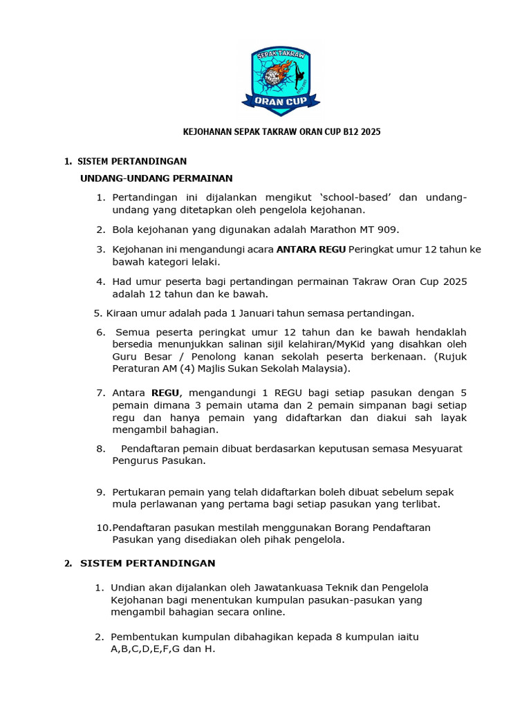 SISTEM PERTANDINGAN KEJOHANAN SEPAK TAKRAW ORAN CUP 2025 | PDF