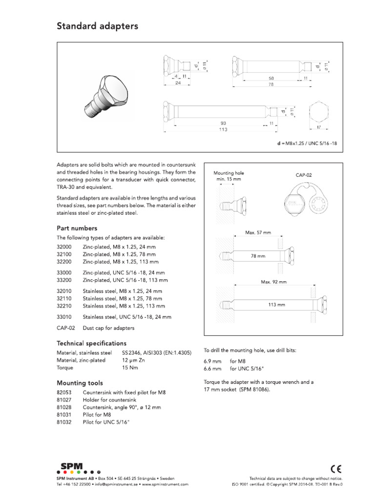 SPM Vibration - Standard Adapters Data Sheet | PDF