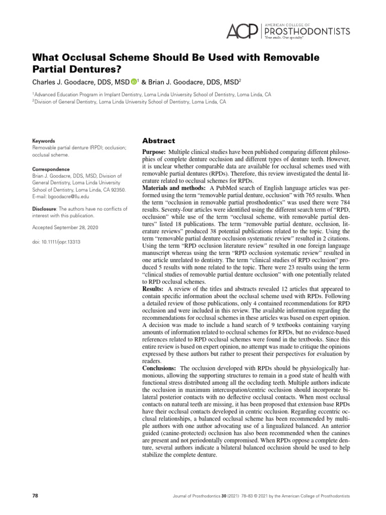 Optimal Occlusal Schemes for RPDs | PDF | Dentures | Dentistry Branches