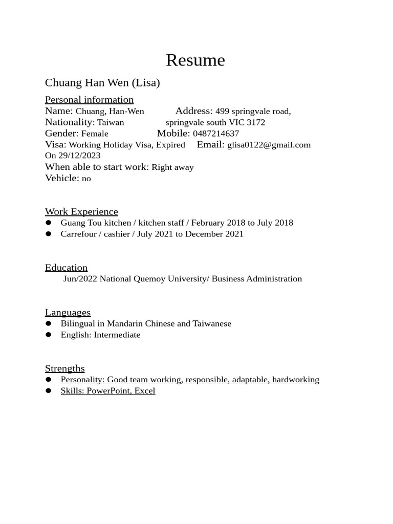 Resume: Chuang Han Wen (Lisa) | PDF