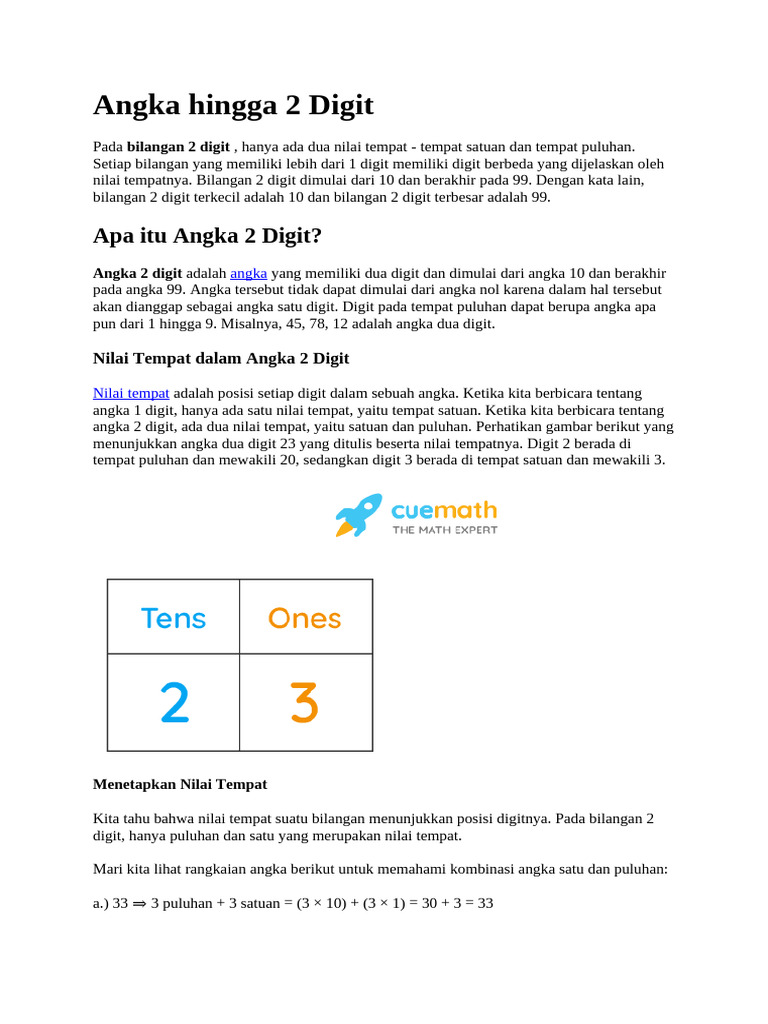 Panduan Angka 2 Digit: Definisi & Contoh | PDF