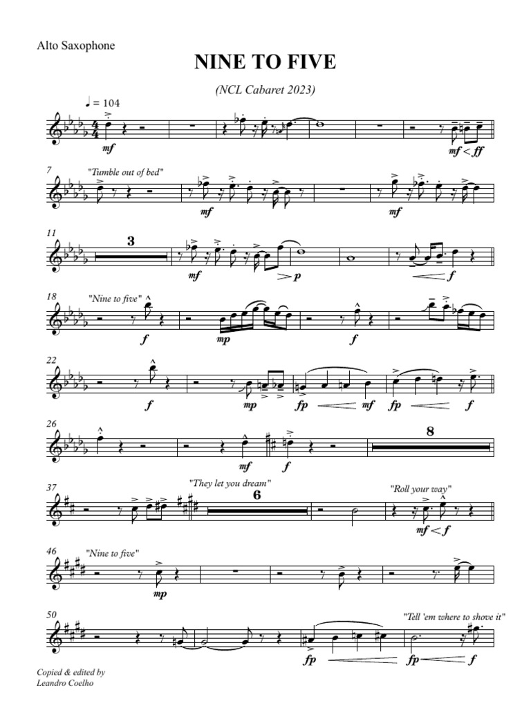 Nine to Five - Alto Sax | PDF | Saxophone | Woodwind Instruments