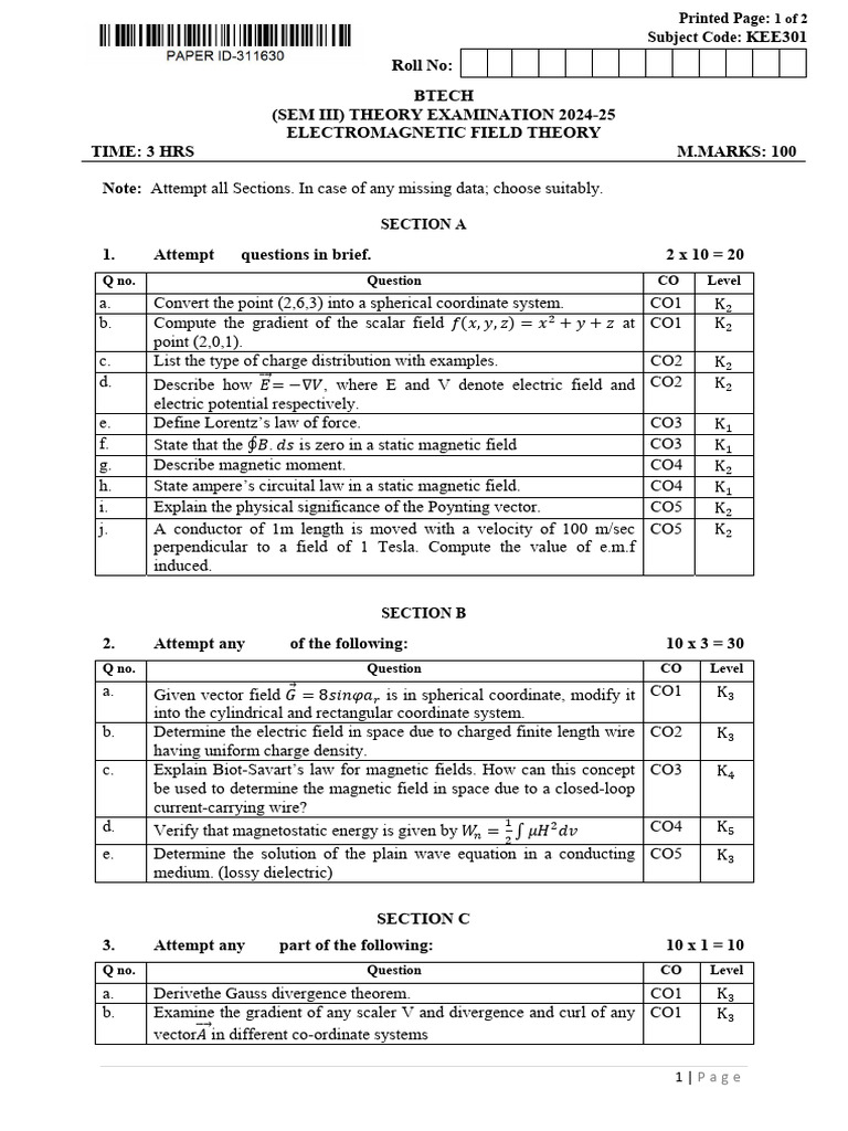 BTech Electromagnetic Field Theory Exam | PDF | Magnetic Field ...