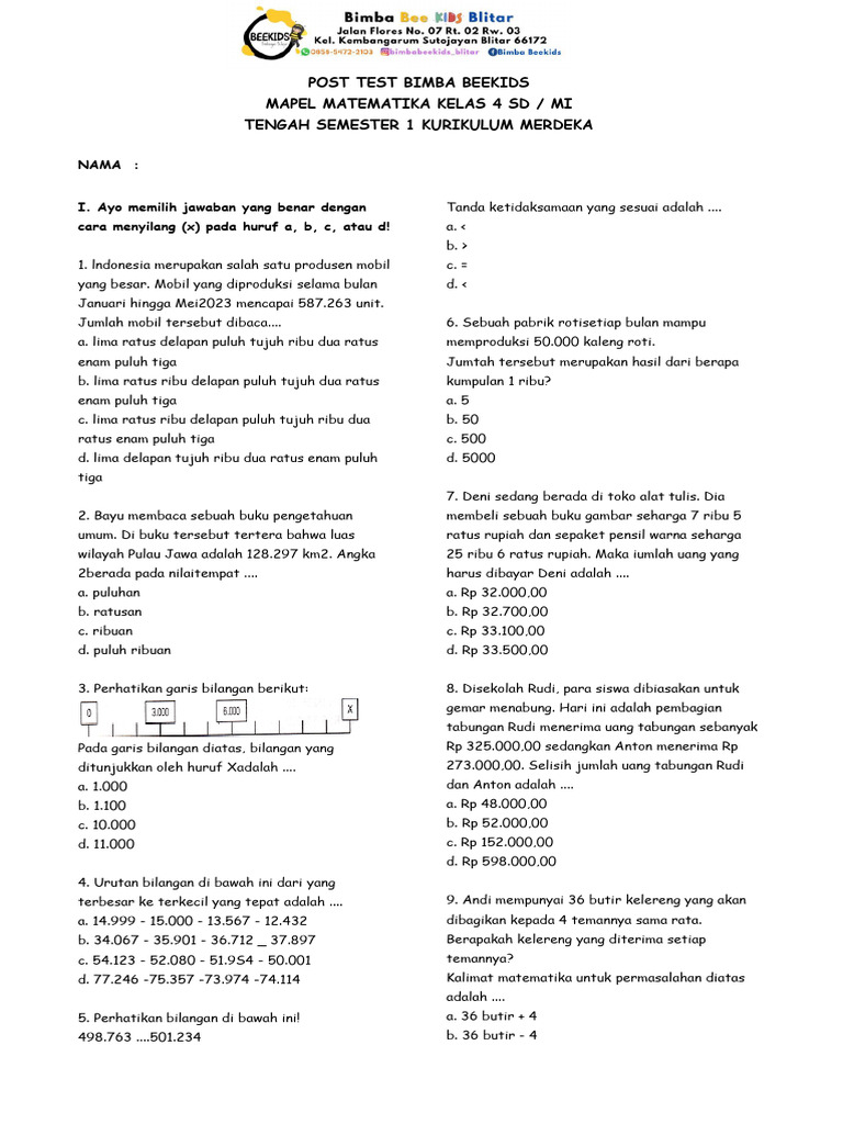Post Test Matematika Kelas 4 SD | PDF