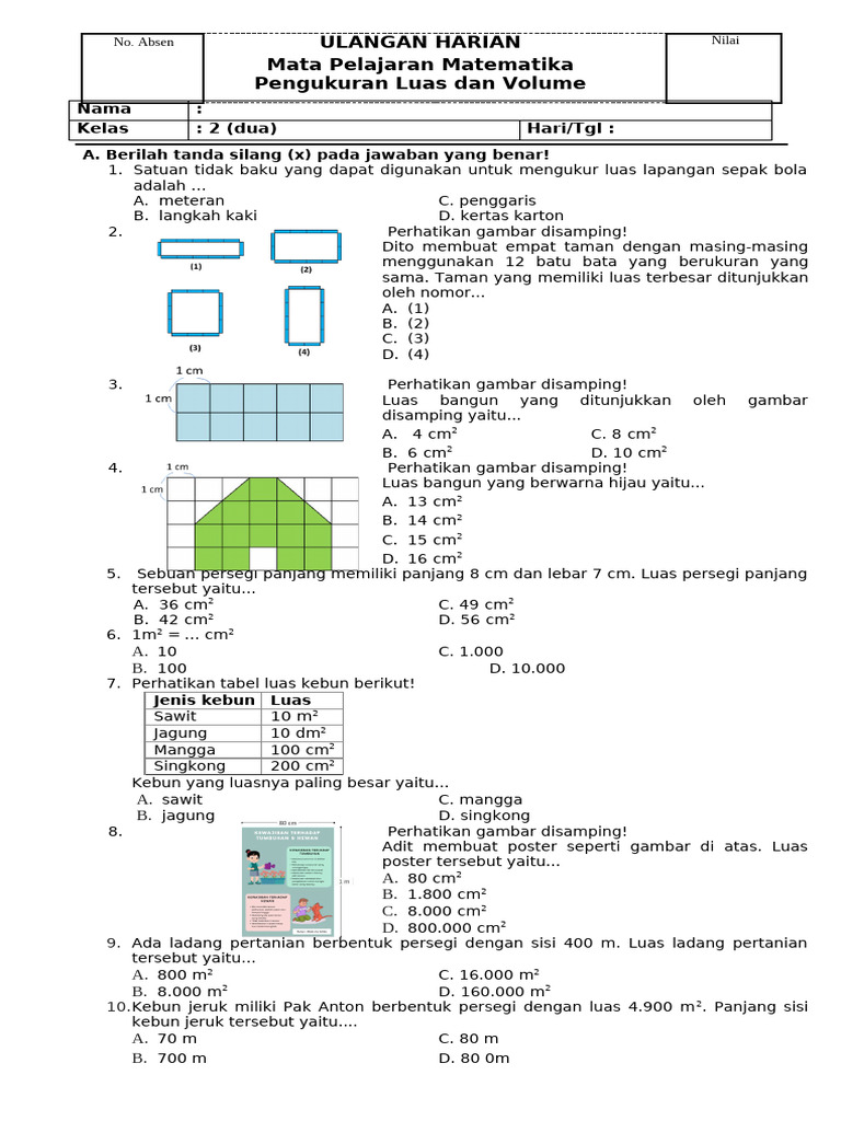 Ulangan Harian Matematika Kelas 2: Luas & Volume | PDF