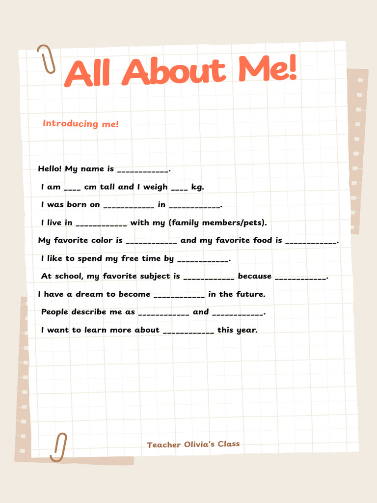 Hello! My Name Is - I Am - CM Tall and I Weigh - Kg. I Was Born On - in ...