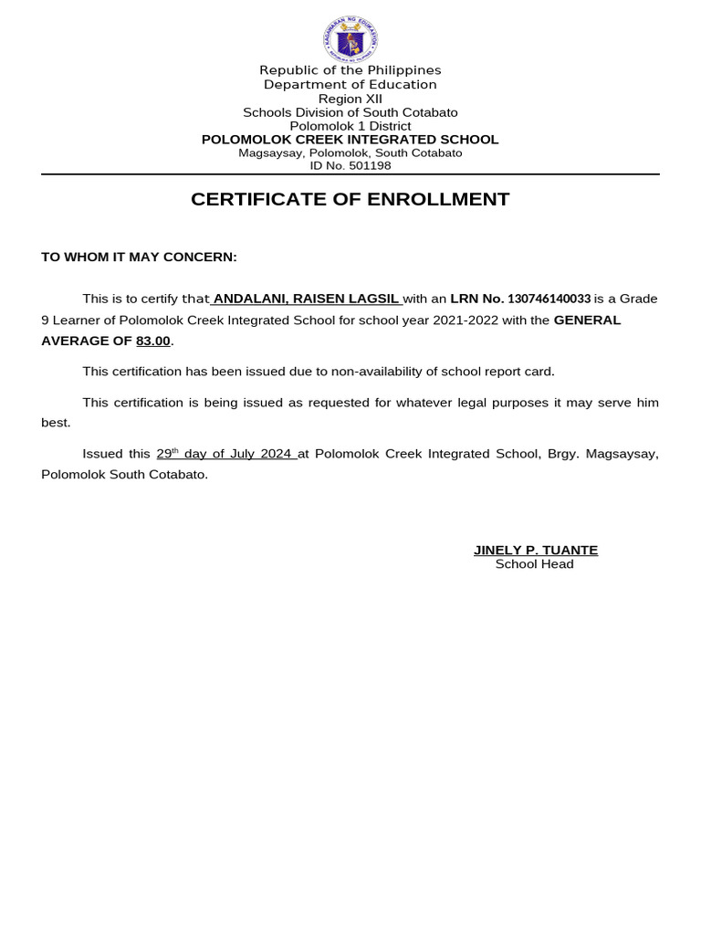 Certificate of Enrollment - South Cotabato | PDF | Philippines | Schools