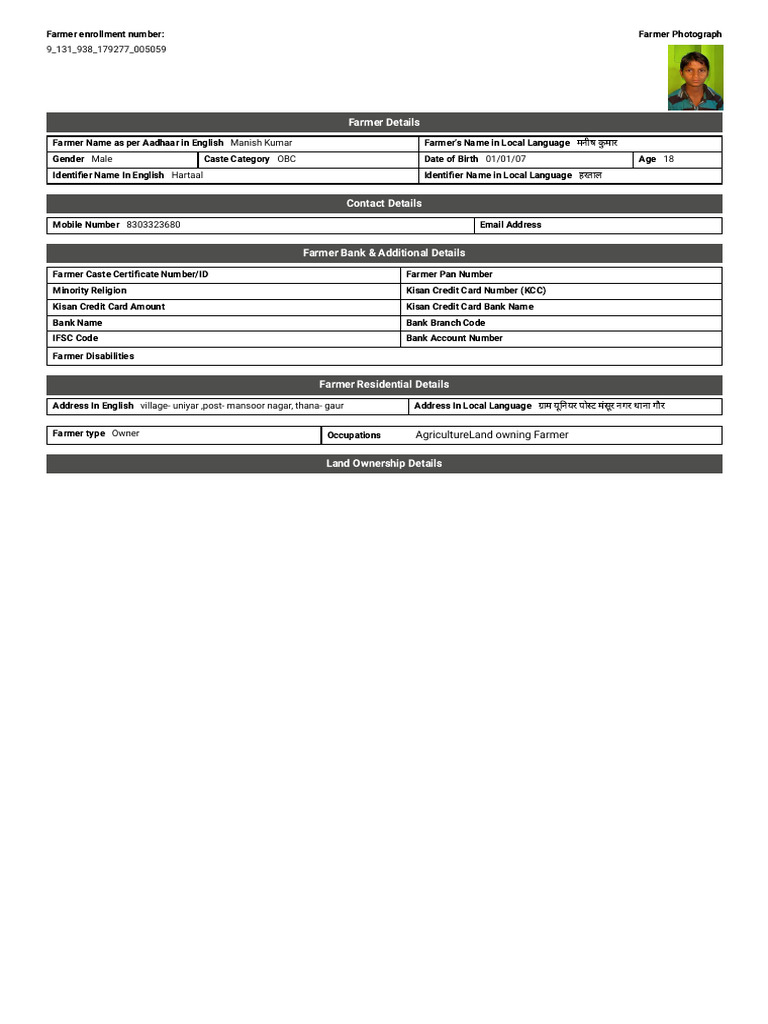 Farmer Registry Enrollement Data | PDF