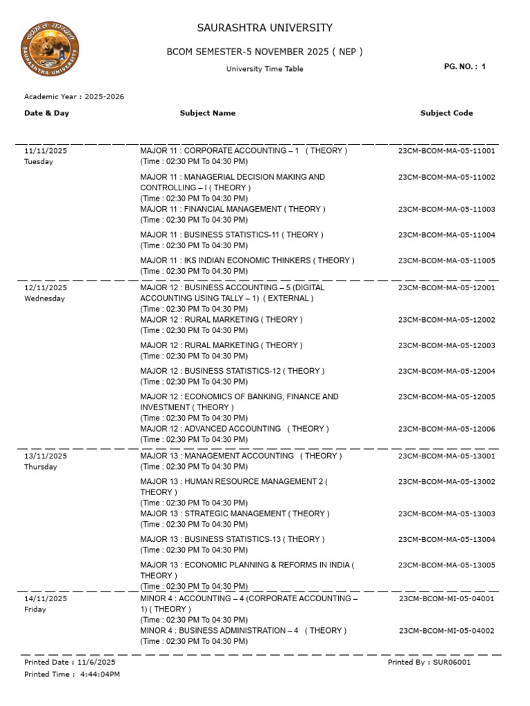 2023 Time Table Bcom5 Oct25 | PDF | Economics | Business Economics