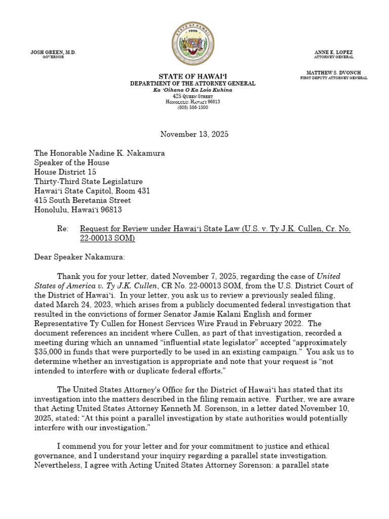Letter From Attorney General Lopez To Speaker Nakamura (Nov. 13, 2025 ...