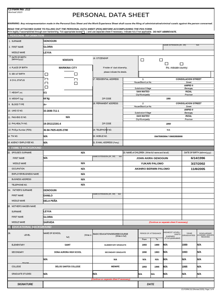 ANNEX H-1 - CS Form No. 212 Revised 2025 - Personal Data Sheet | PDF ...