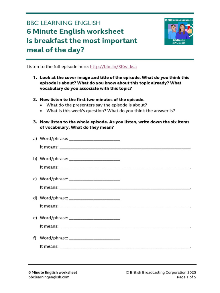 Importance of Breakfast Worksheet | PDF