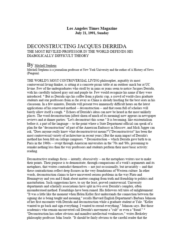 Mitchell Stephens - Deconstructing Jacques Derrida | PDF ...