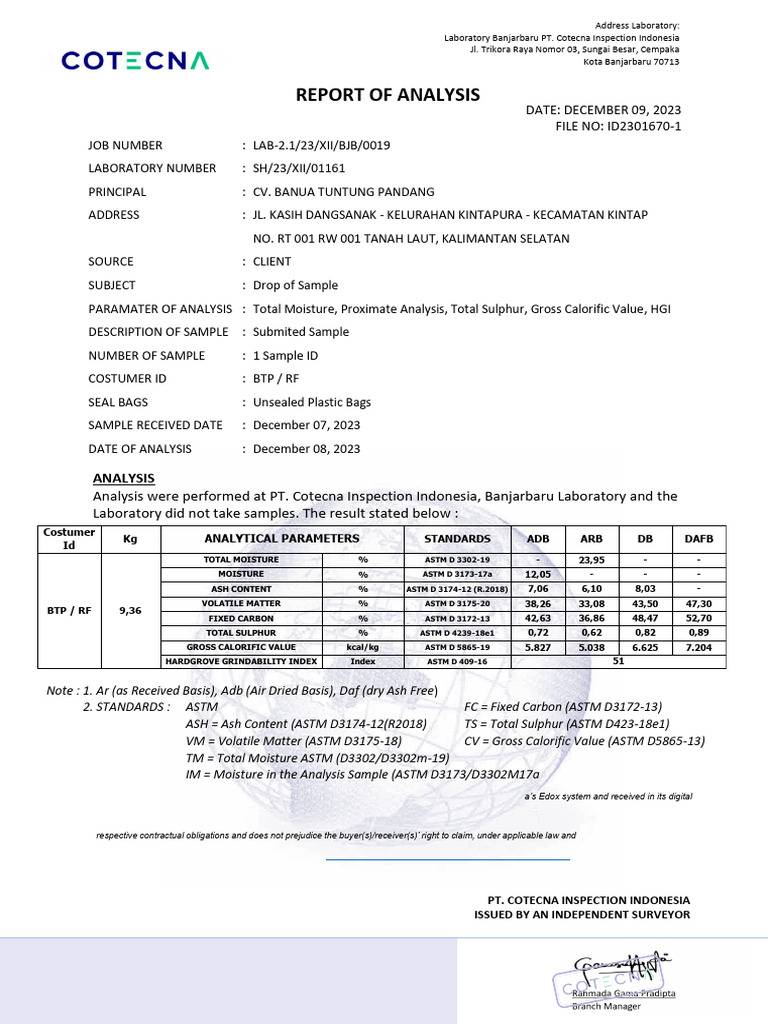 1. Scan Report of Analysis - Pt. Banua Tuntung Pandang - 1 Kode Sample Btp - Rf - December 07 ...