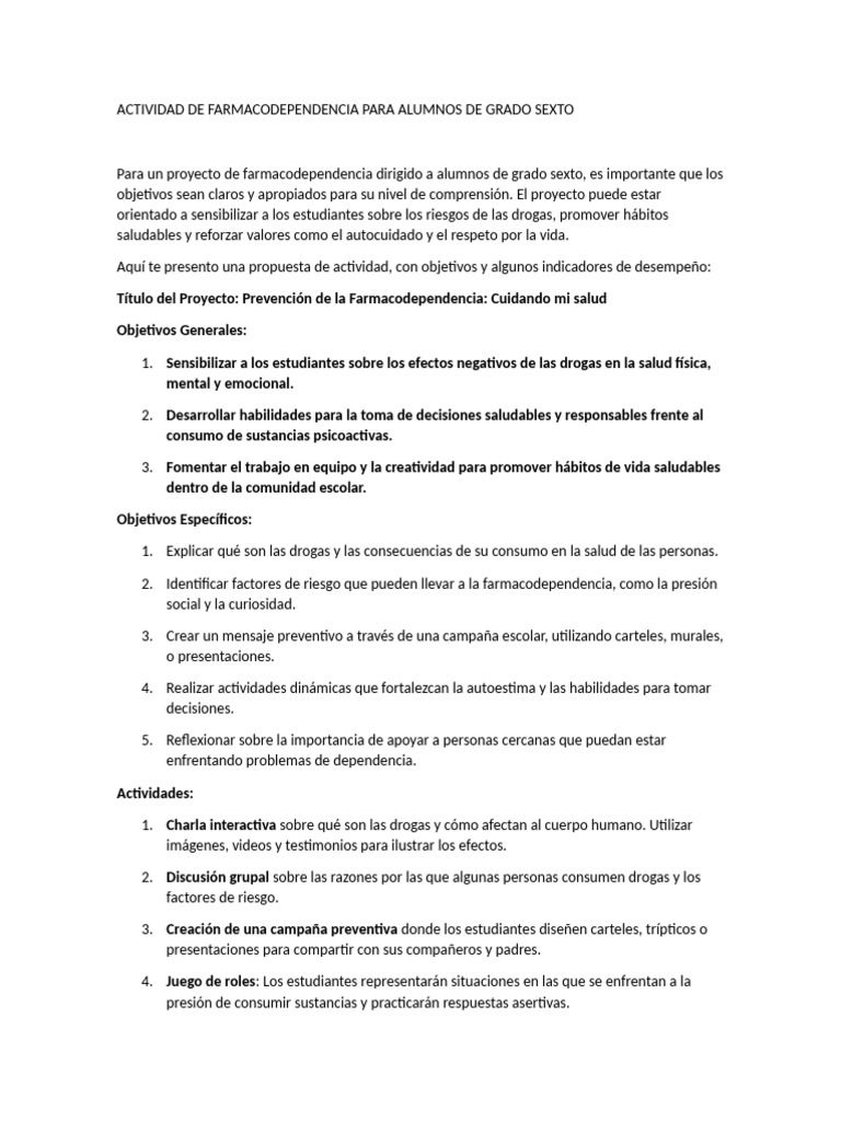 Actividad de Farmacodependencia para Alumnos de Grado Sexto | PDF | La dependencia de sustancias ...