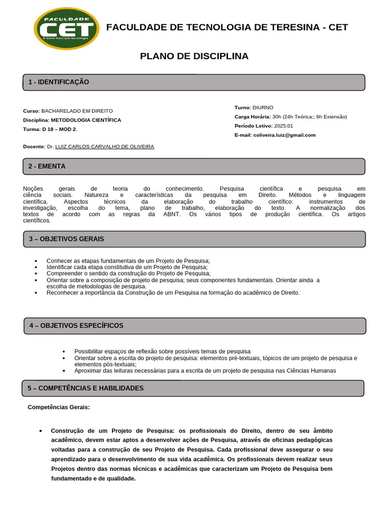 Plano de Curso Met Cient Turma D-18 Mod 2 2025.1 | PDF | Pedagogia ...