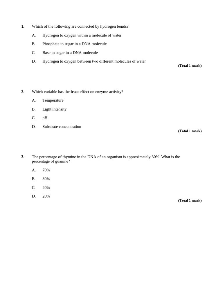 Biochemistry Part One Mxed Questions | PDF | Glucose | Water