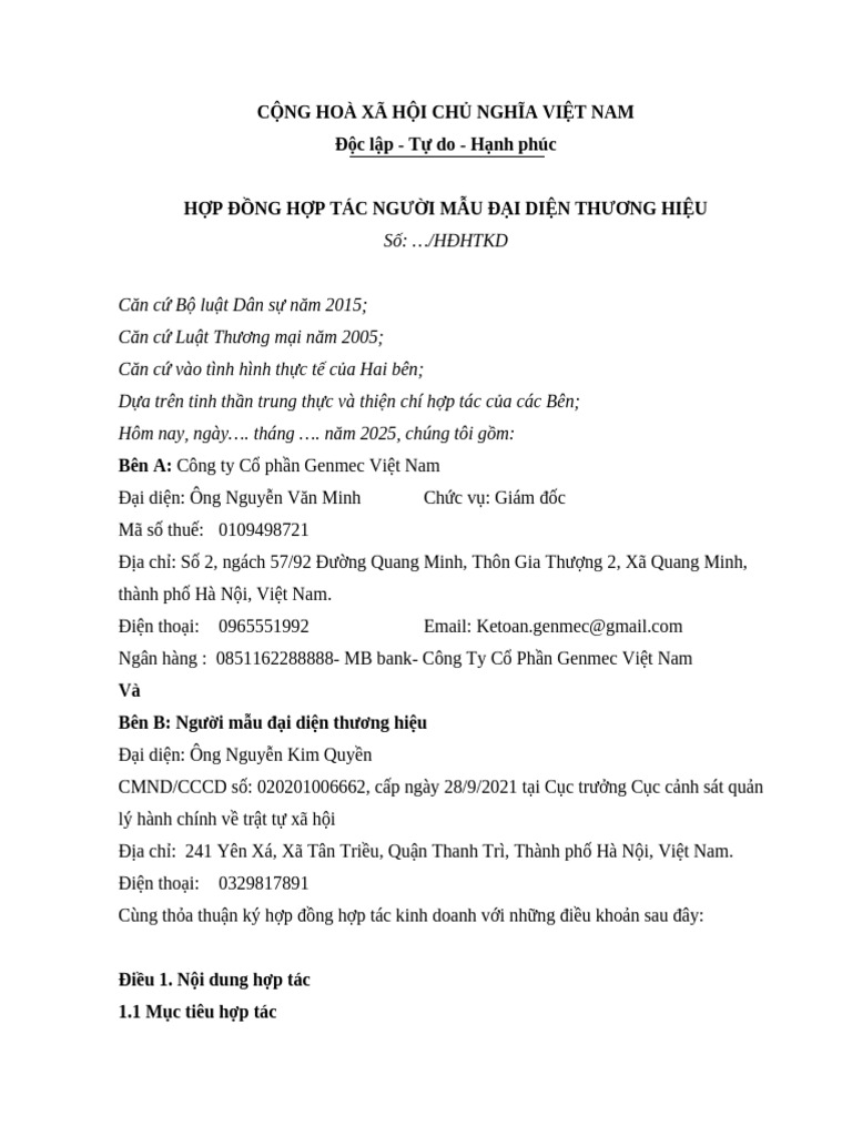 Hop Dong Model X-ON | PDF