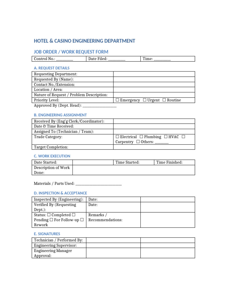 Job Order Work Request Form With Approvals | PDF