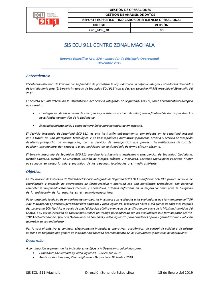 Reporte Específico N°178 - Indicador de Eficiencia Operacional - Diciembre 2019 | PDF | Gestión ...
