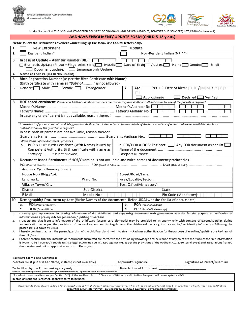 Aadhaar Enrollment/Update Form for Minors | PDF | Applications Of ...