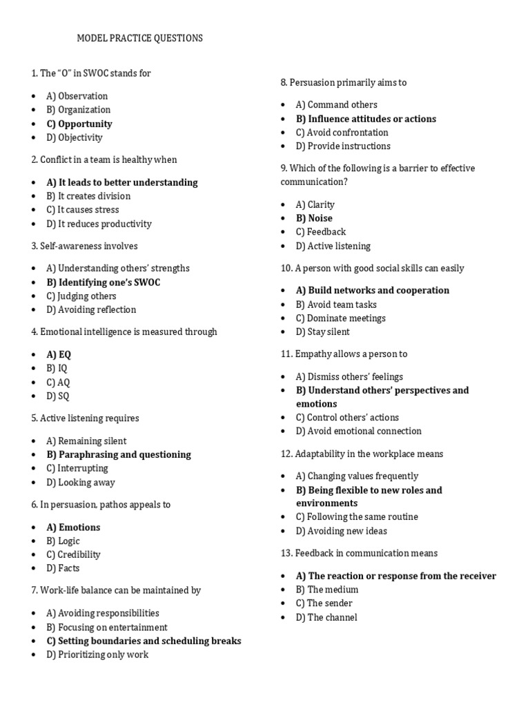 Soft Skill Model MCQ - Practice | PDF | Communication | Empathy