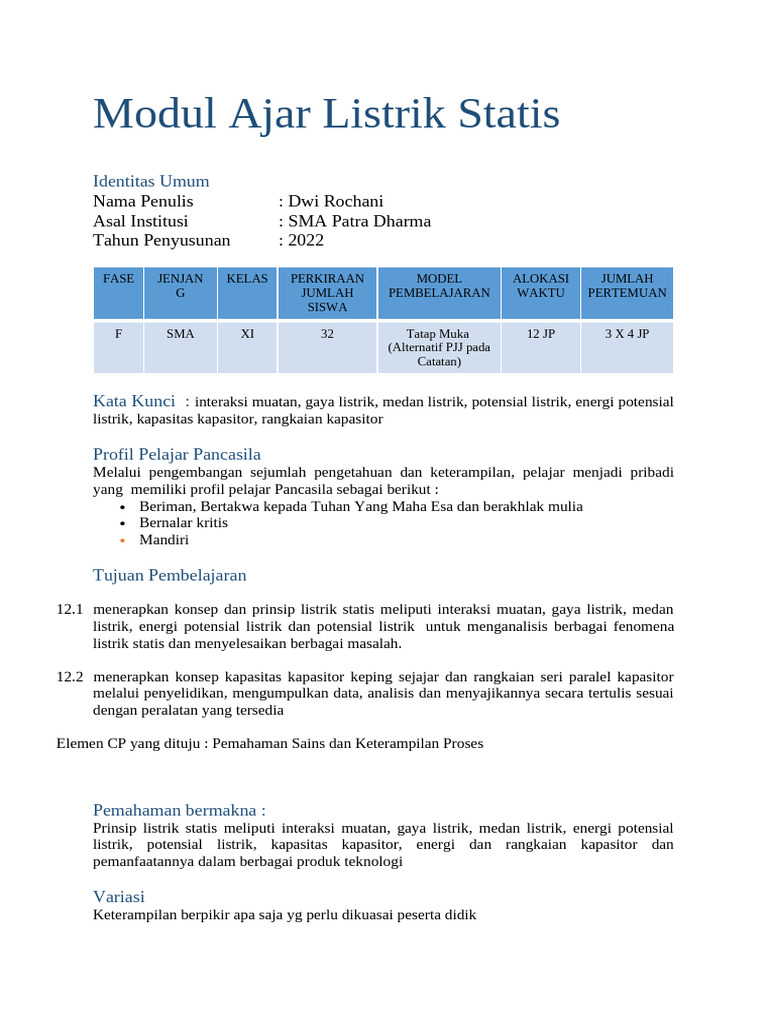 Modul Ajar Listrik Statis | PDF