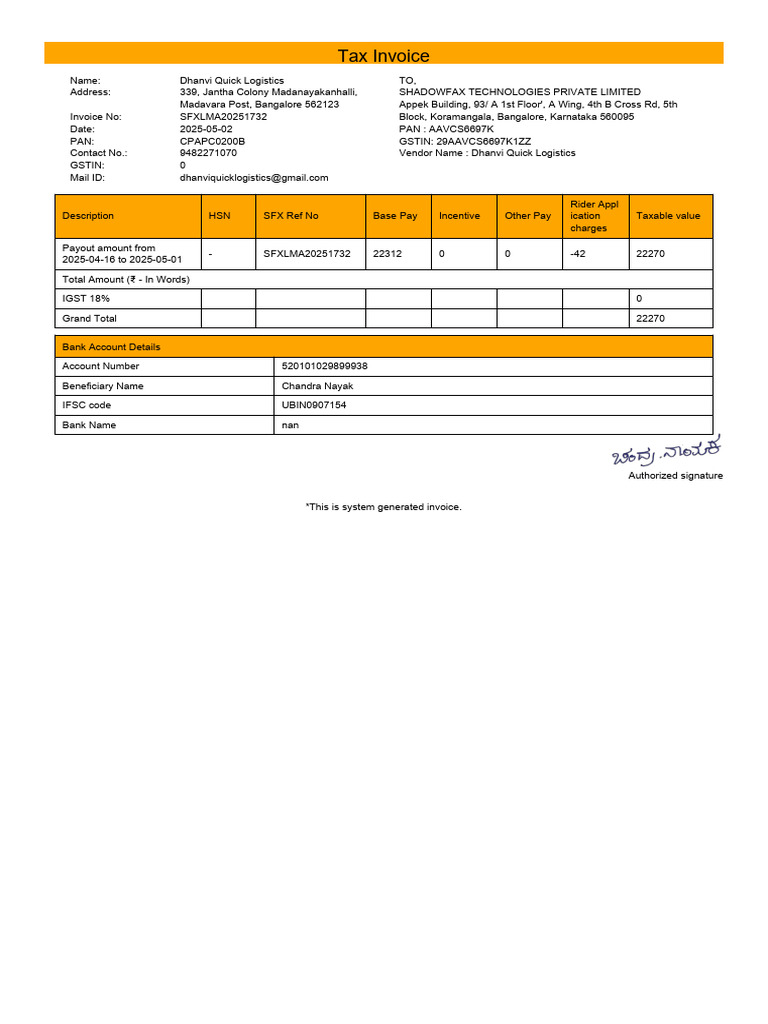 Invoice Dhanvi Quick Logistics 2025-05-01 | PDF
