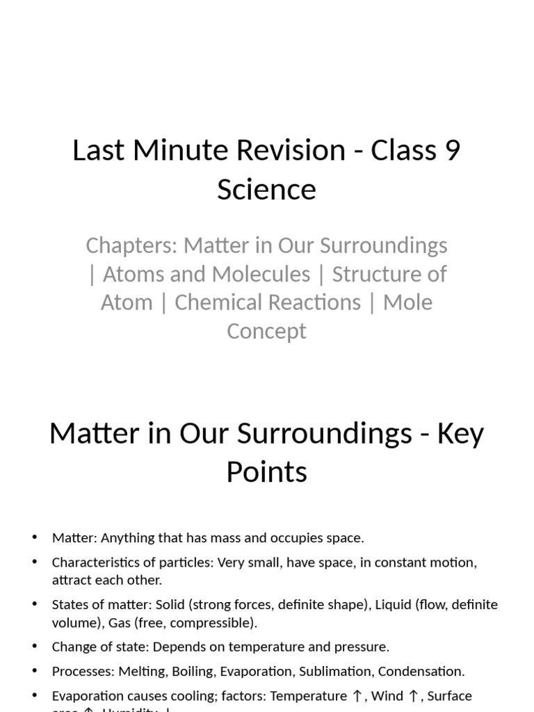 Class 9 Science Last Minute Revision Guide | PDF | Mole (Unit) | Atoms