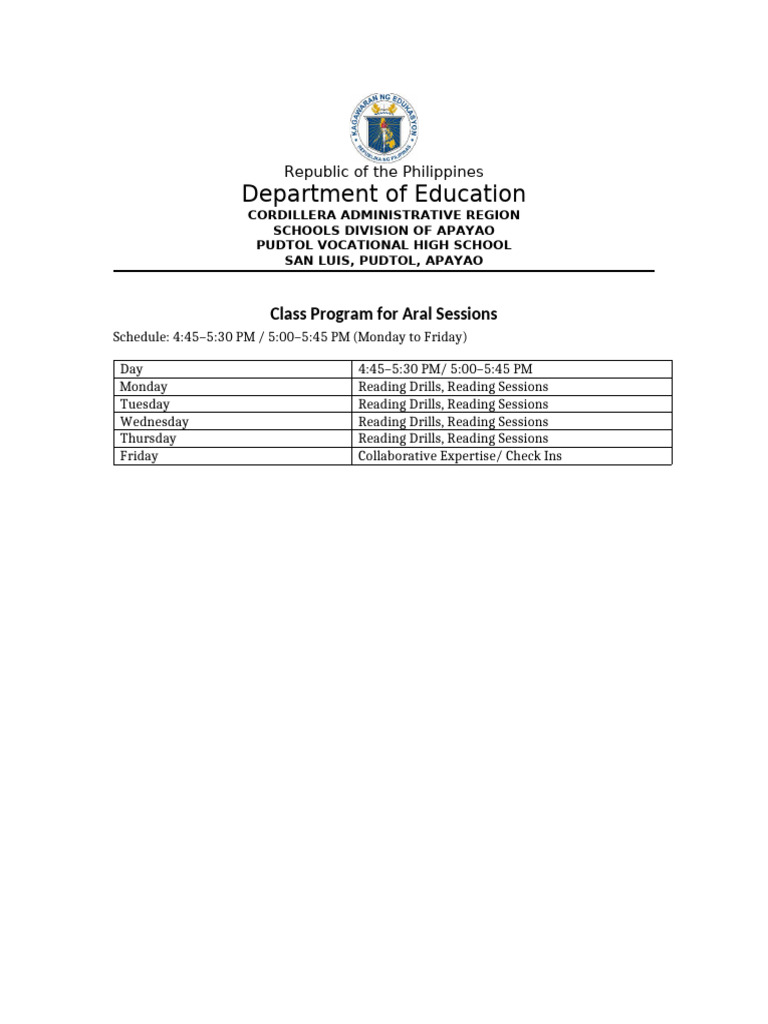 Pudtol Vocational High School Class Schedule | PDF