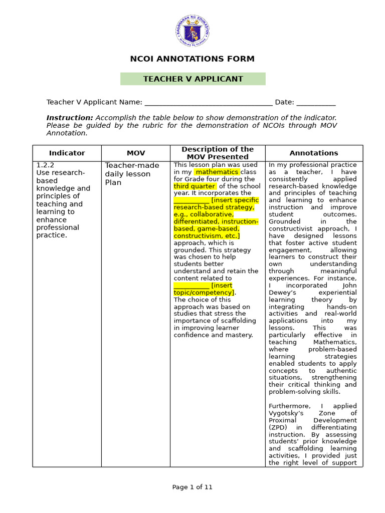 NCOI Annotations Form For Teacher V Applicant | PDF | Educational ...