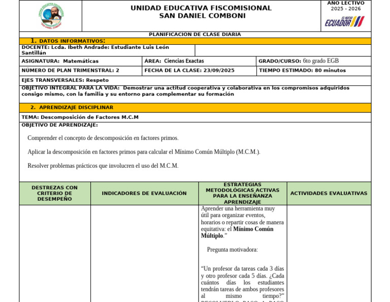 Planificación de Clase: M.C.M. en 6to EGB | PDF | Aprendizaje | Maestros