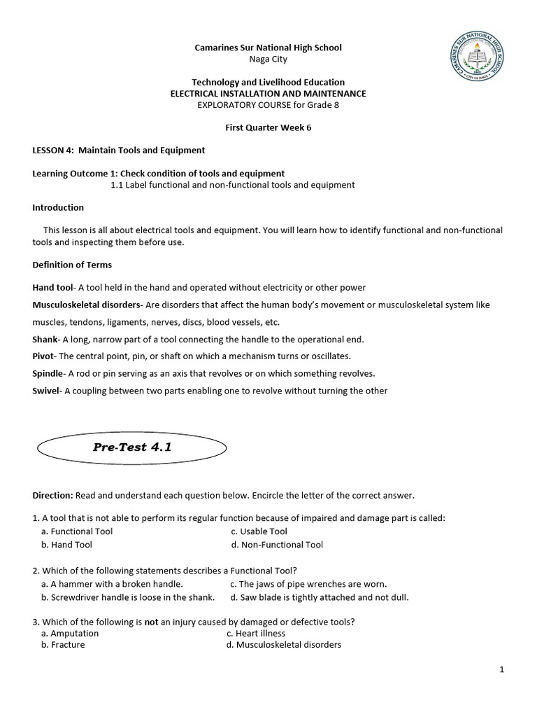 EIM Grade 8 Exploratory Course Module Lesson 4 Week 6 | PDF | Human Musculoskeletal System | Tools