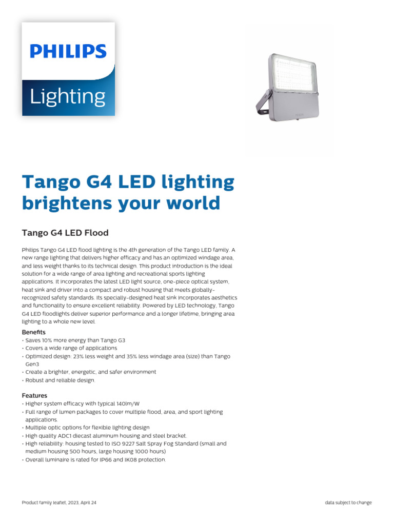 Tango G4 LED Floodlight Overview | PDF | Lighting | Light