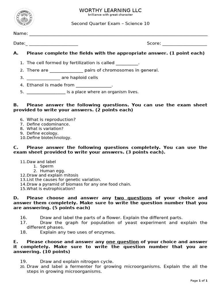 Science 10 Second Quarter Exam Guide | PDF