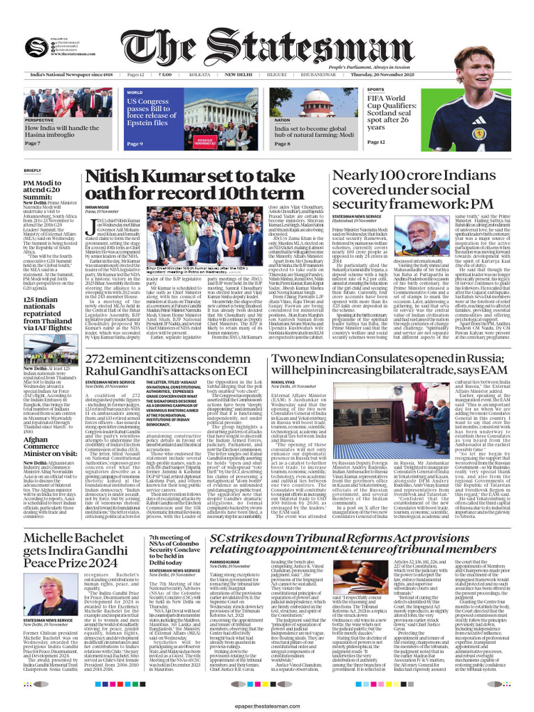 The Statesman 20 11 2025 | PDF | Politics Of India