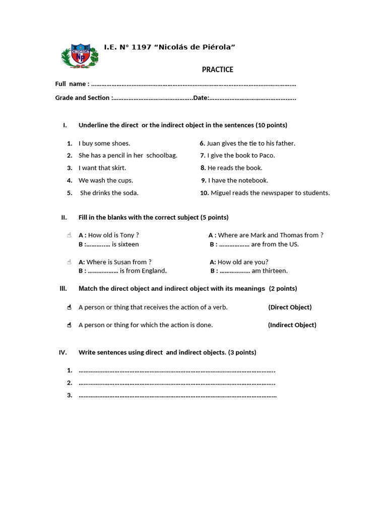 Practice Direct and Indirect Object | PDF