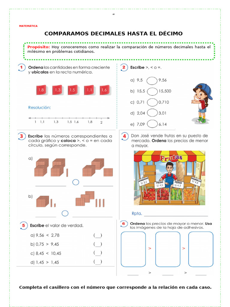 Comparación de Decimales en Problemas | PDF