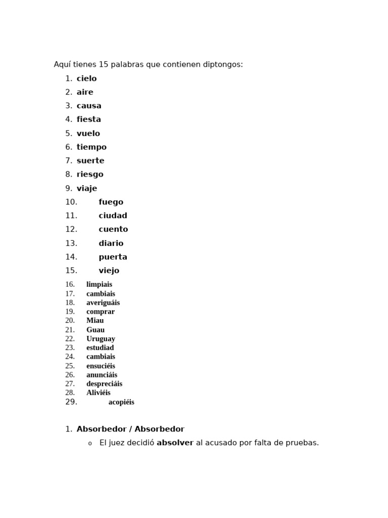 15 Palabras con Diptongos en Español | PDF