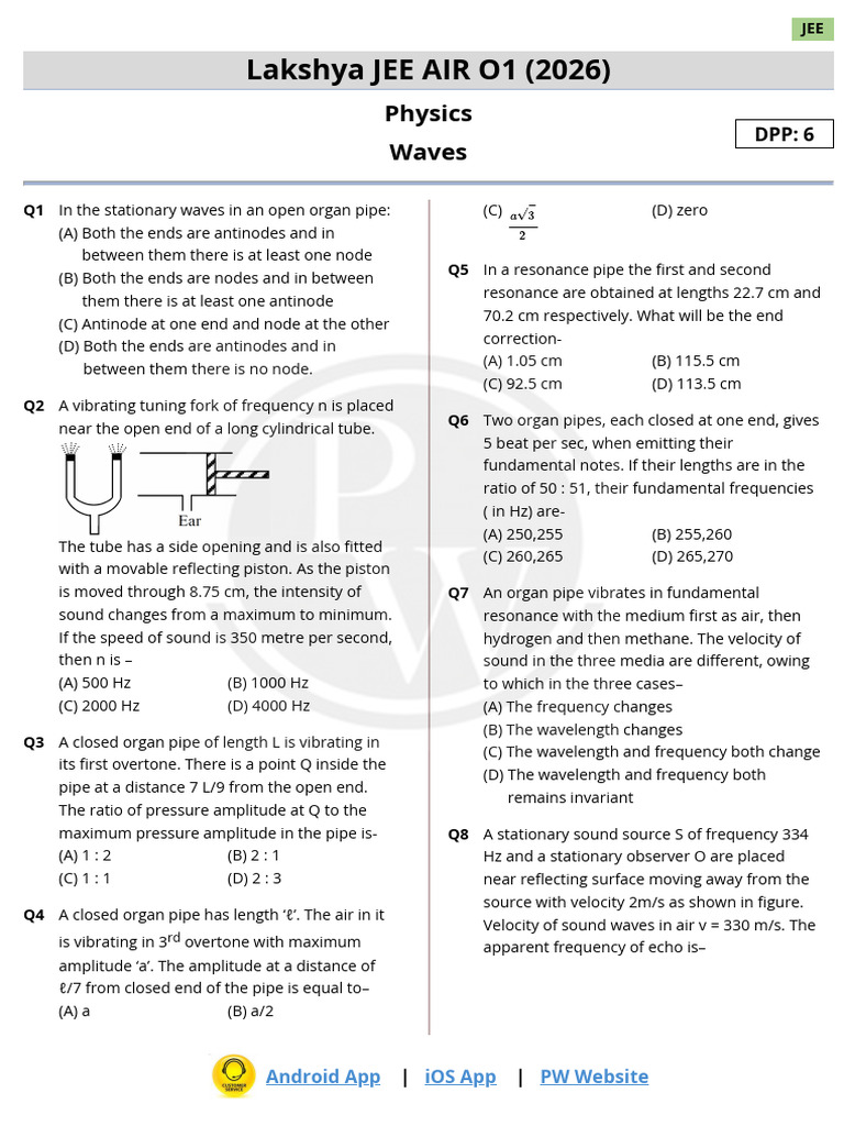 Waves Dpp 06 (of Lec 10) Lakshya Jee Air o1 (2026) | PDF | Sound | Frequency
