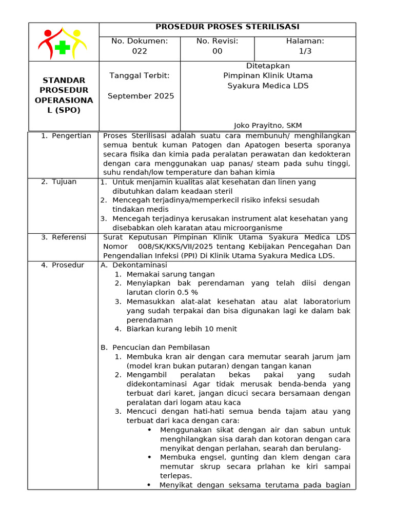 Pmkp 2.3 Ep 1 Spo Proses Sterilisasi | PDF
