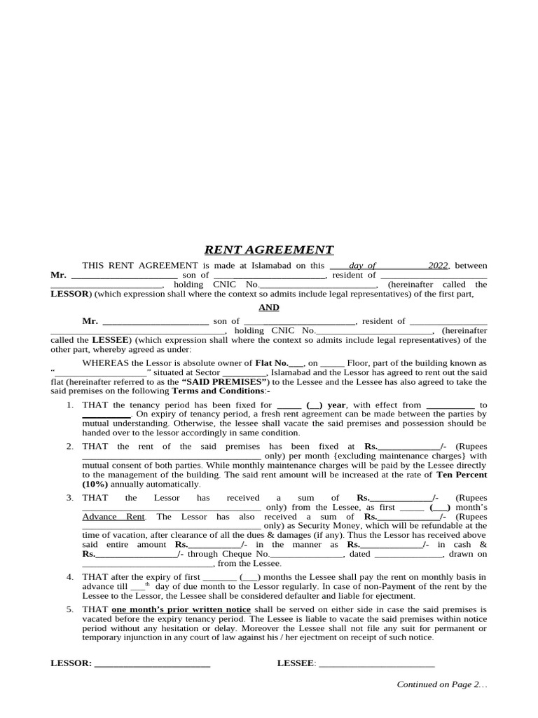 Flat Rent Agreement blank | PDF | Lease | Contract Law