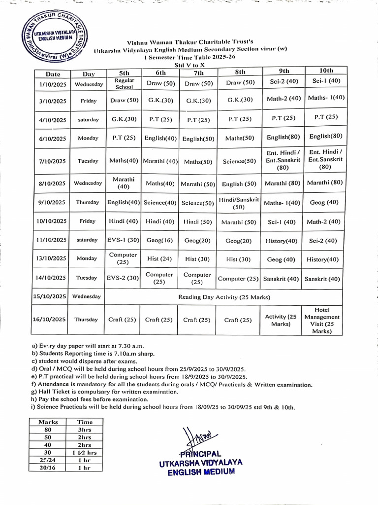 1 ST Semester Exam 2025-26 Time Table | PDF