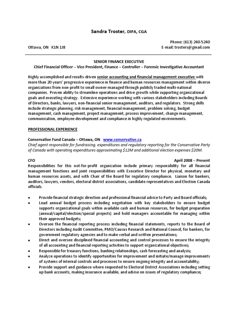 Chief Financial Officer in Ottawa Ontario Canada Resume Sandra Troster ...