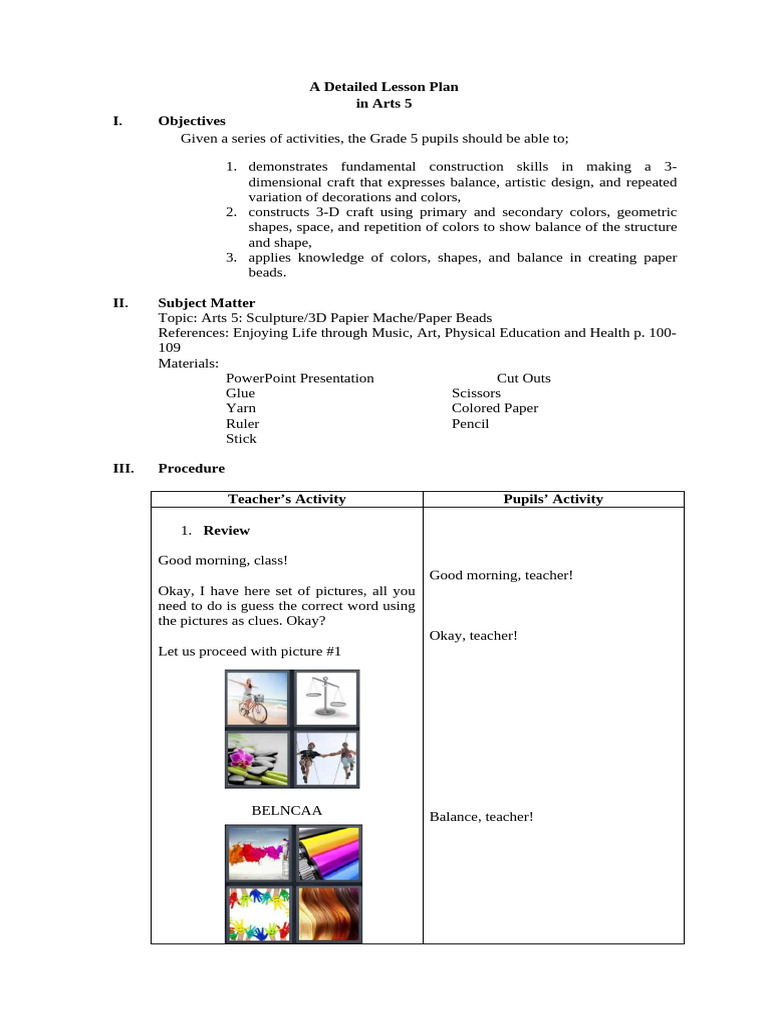 A Detailed Lesson Plan in Arts | PDF | Bead