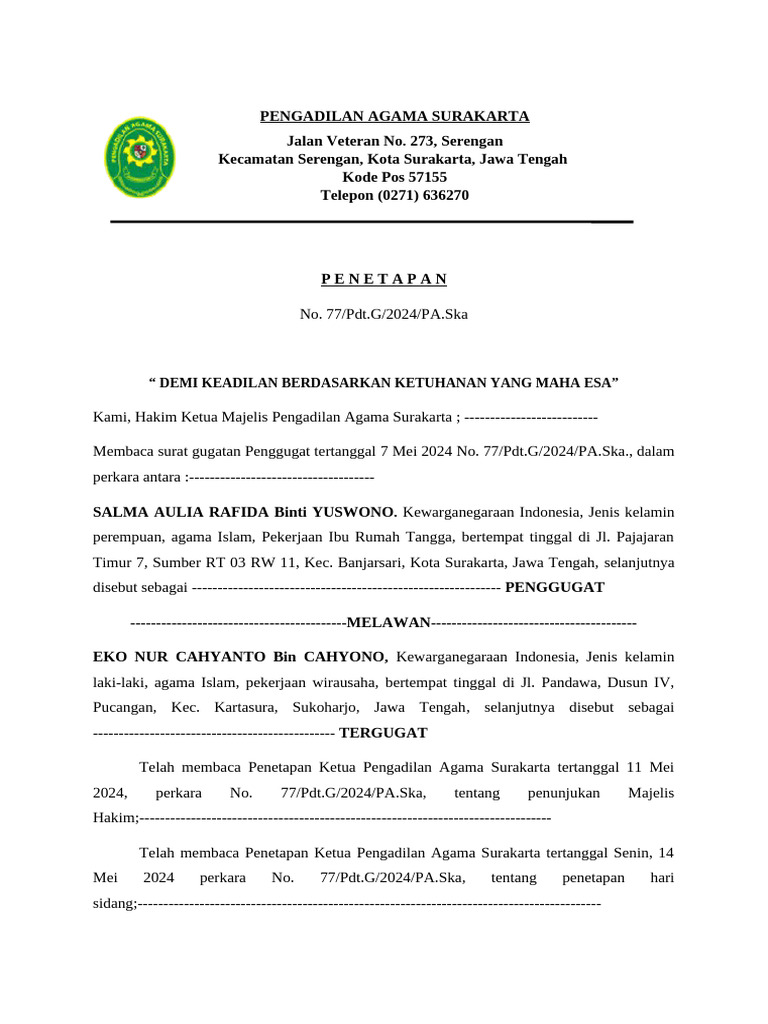 Penetapan Mediasi Perkara 77/Pdt.G/2024 | PDF