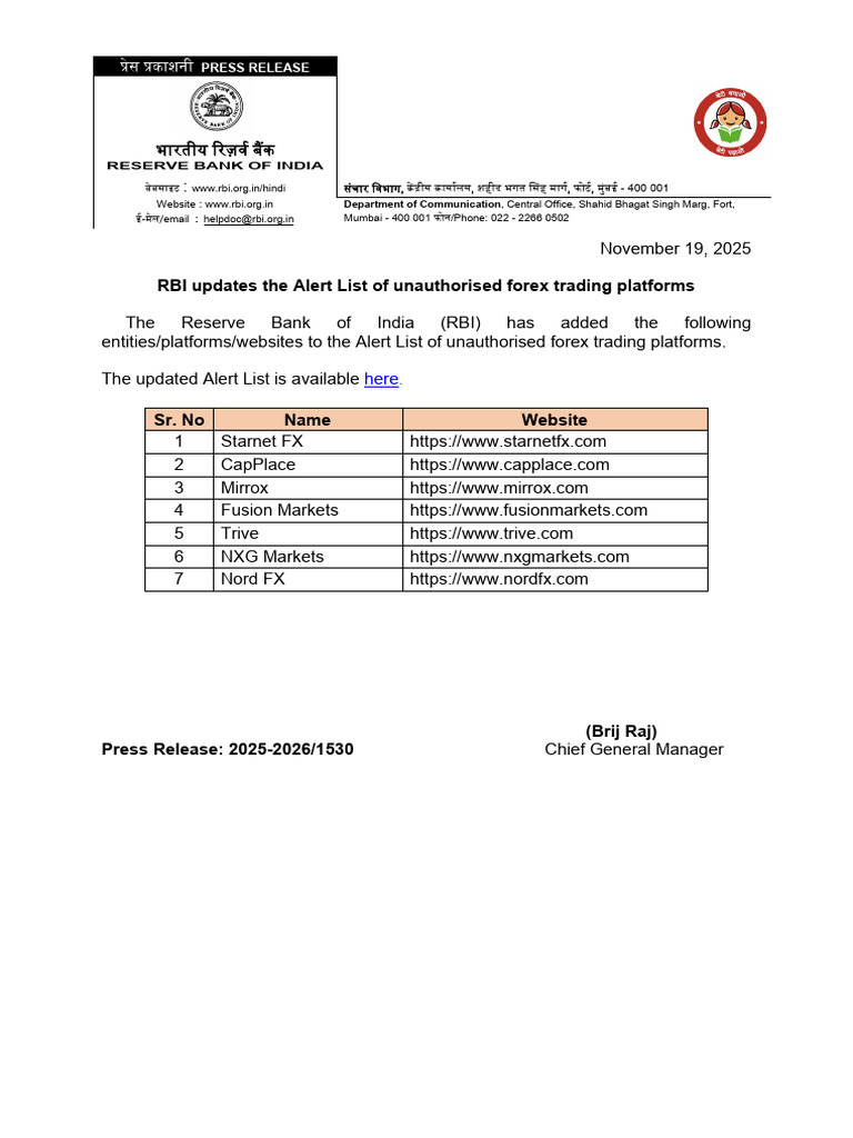 RBI's Updated List of Unauthorised Forex Platforms | PDF