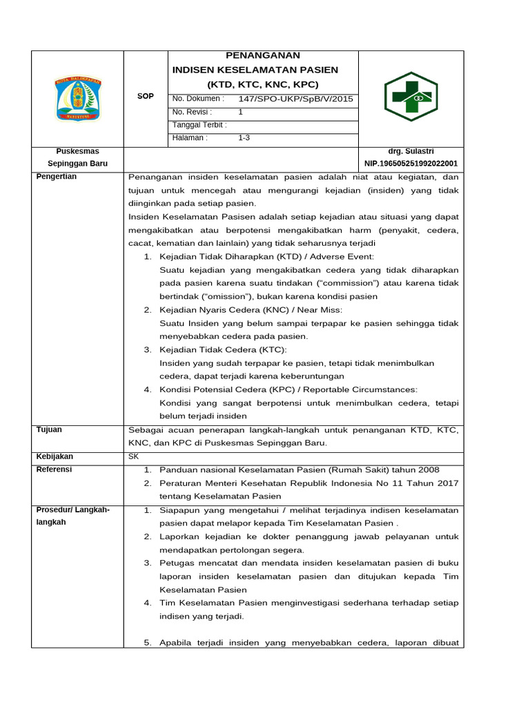 9.1.1. EP6. SOP Penanganan KTD, KTC, KNC, KPC | PDF